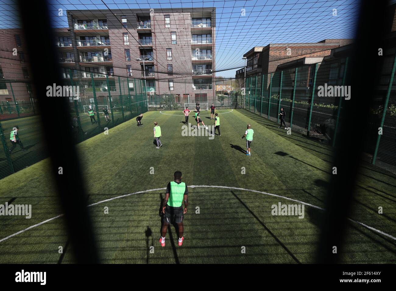 Teams playing five-a-side football at Powerleague Vauxhall, south ...