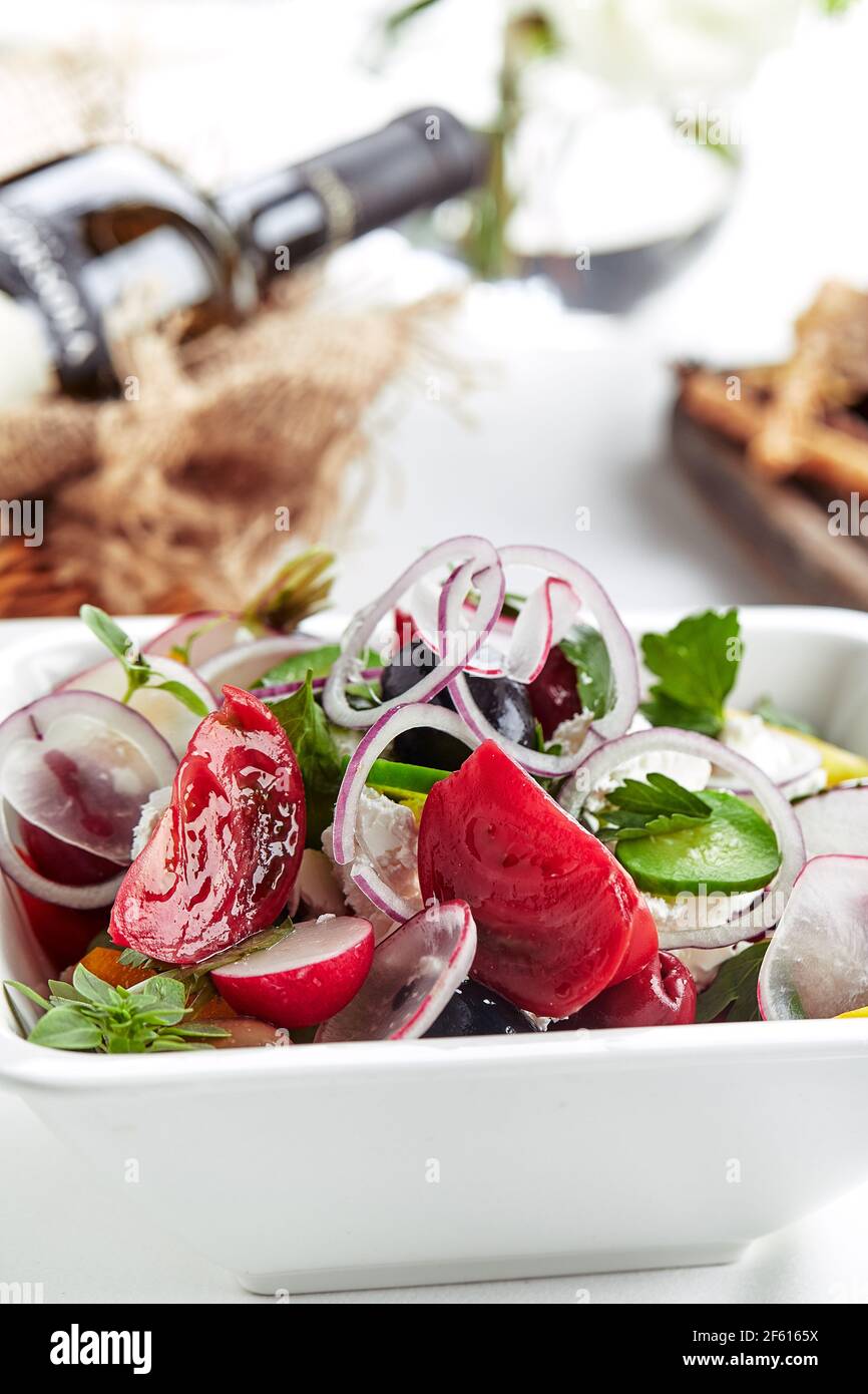 Classic Greek salad. Banquet festive dishes. Gourmet restaurant menu ...