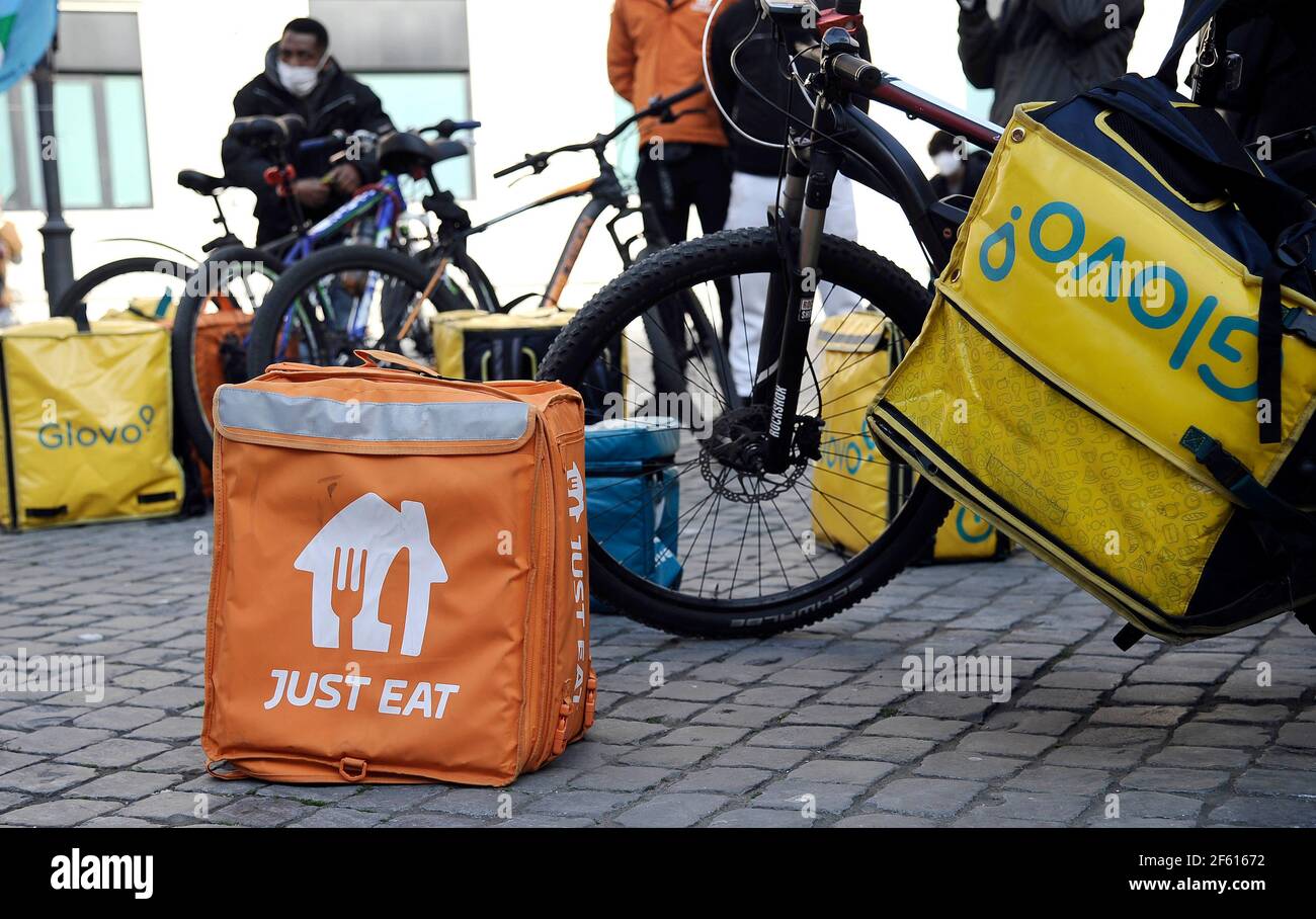 Italy, Rome, March 26, 2021 : 'No delivery day'. Protest demonstration ...