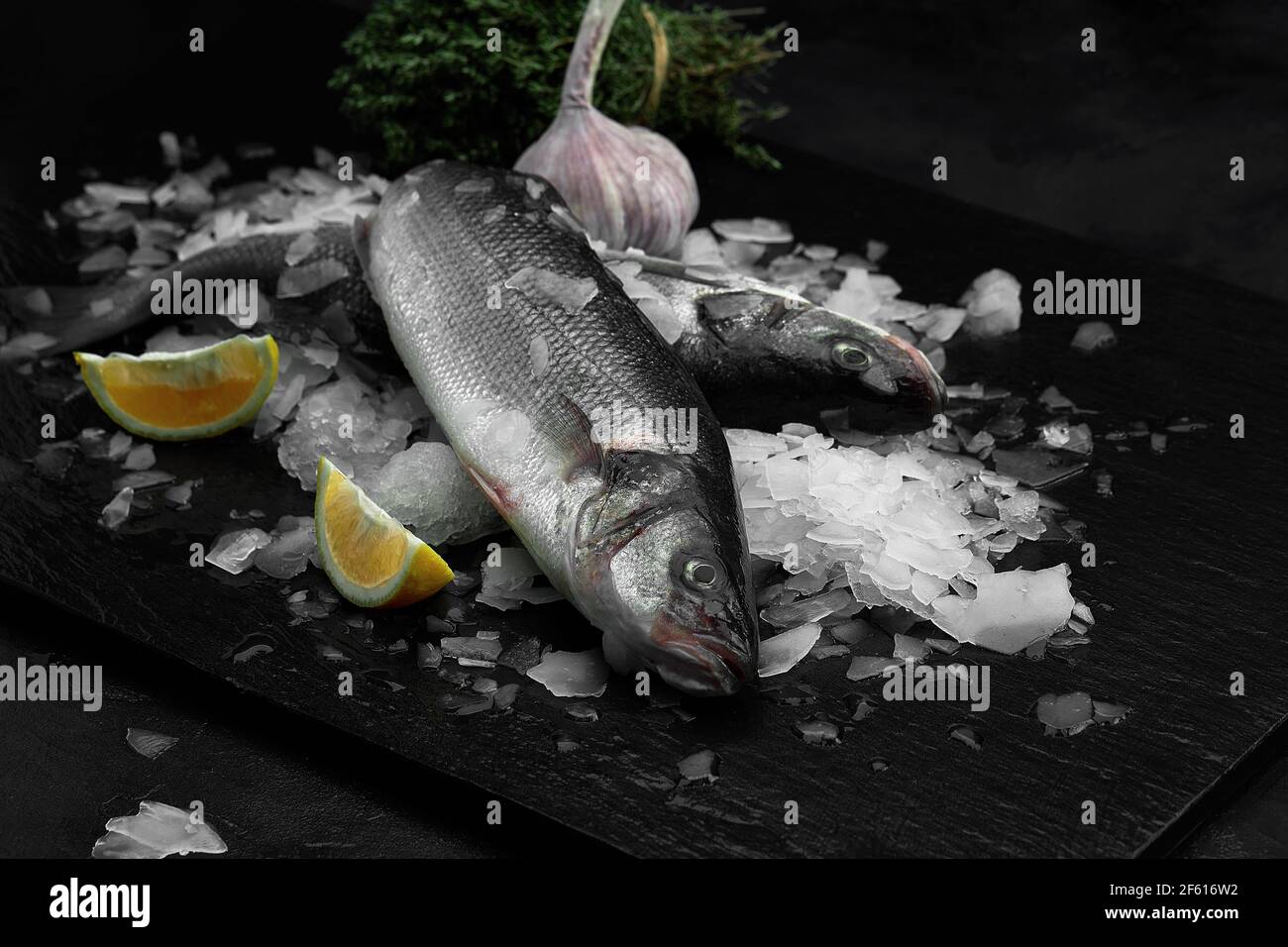 Raw fresh organic dorado or sea bream on ice cubes over black slate ...