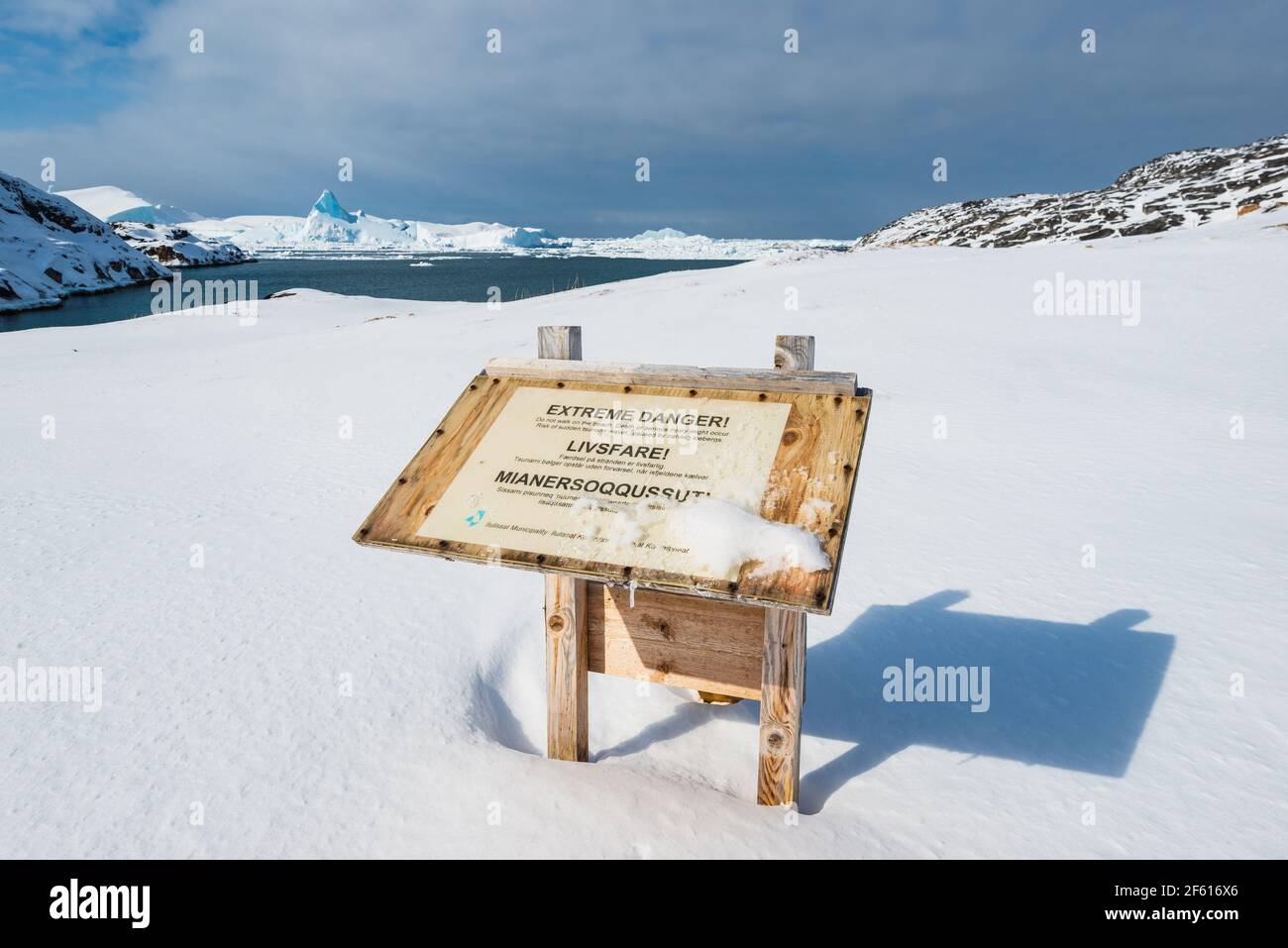 Extreme danger warning sign for sudden tsunami waves caused by calving ...