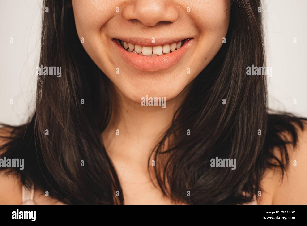 Close up photo of natural woman lower face. Isolated over white ...