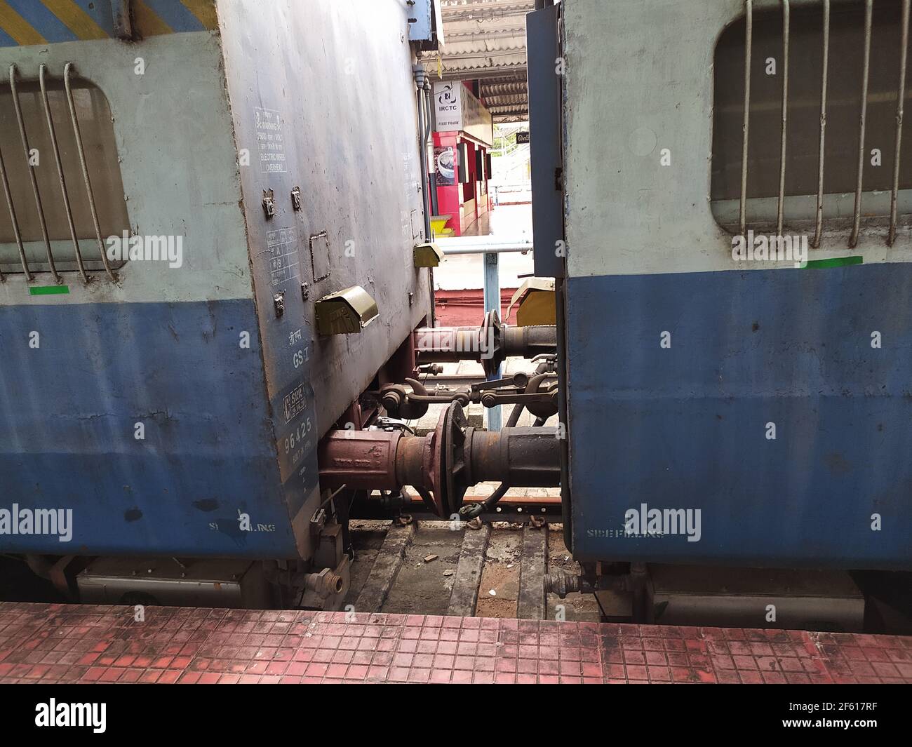 Close Up View of the Buffers of Two Connected Railway Freight Waggons ...