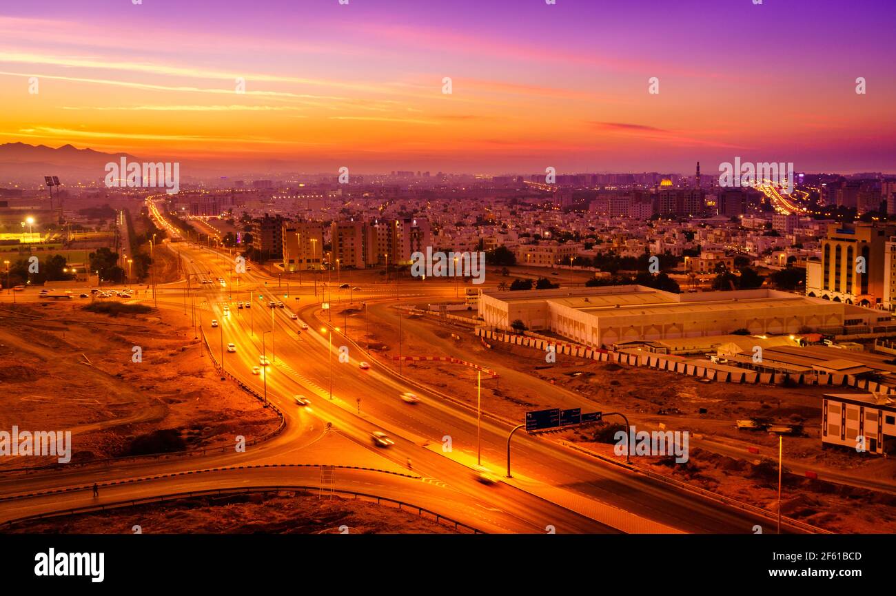 Scenic view of the capital city of Muscat, Oman after sunset Stock ...