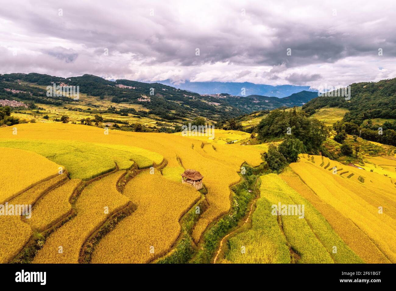 Aerial view of farmland and cloudscape of Yuanyang Terrace Scenic Area ...