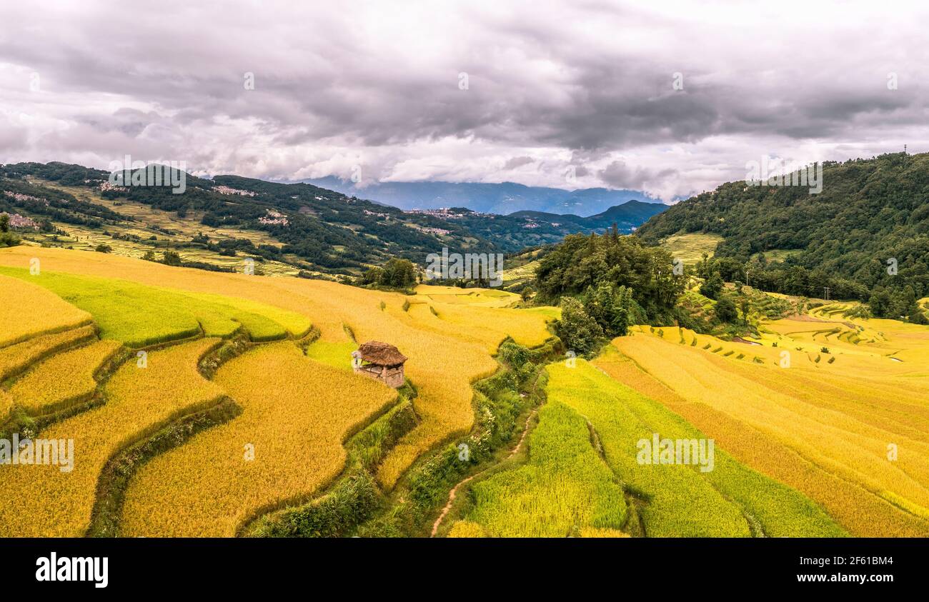 Aerial view of farmland and cloudscape of Yuanyang Terrace Scenic Area ...