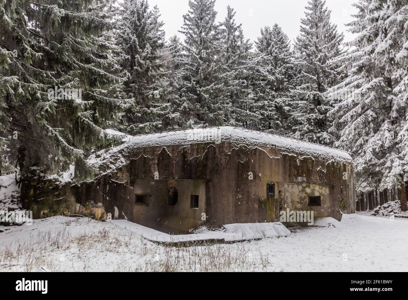 Winter view of concrete infantry fortress K-S 25 from the WW2, Czech ...