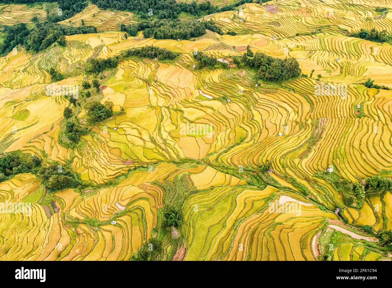 Aerial view of farmland and cloudscape of Yuanyang Terrace Scenic Area ...