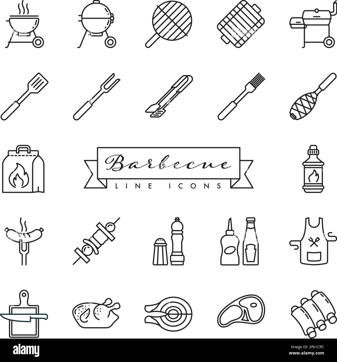 Barbecue vector line icons collection. Set of 22 BBQ equipment and food ...