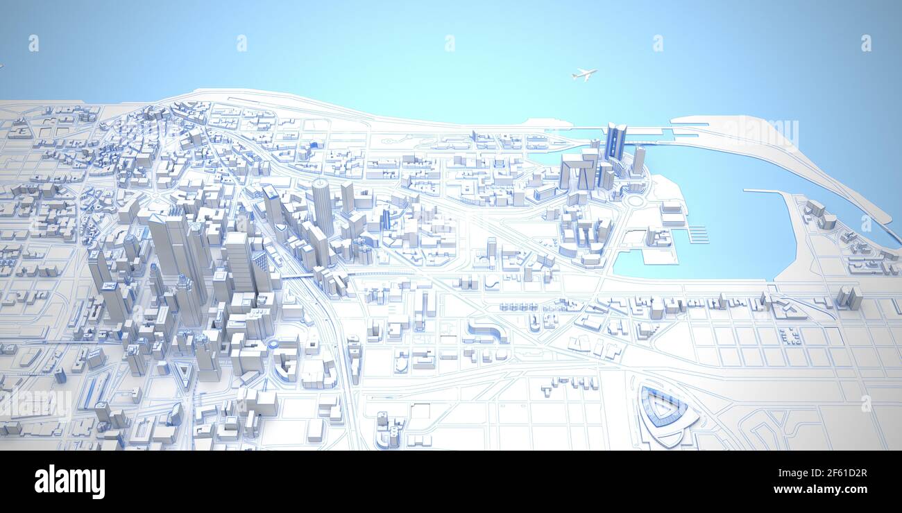 white low poly modern downtown with coastline above view. 3d rendering ...