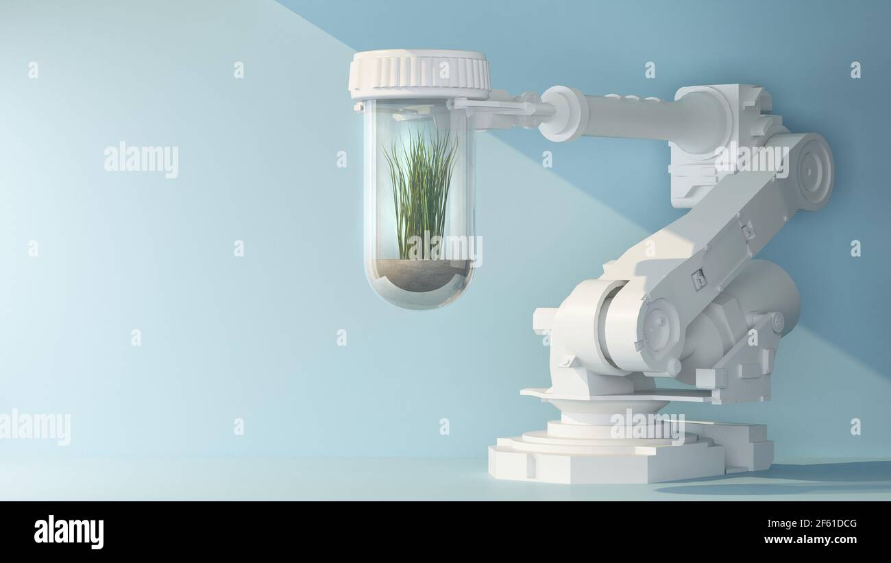 concept robotic arm holding capsule with seaweed. 3d rendering Stock ...