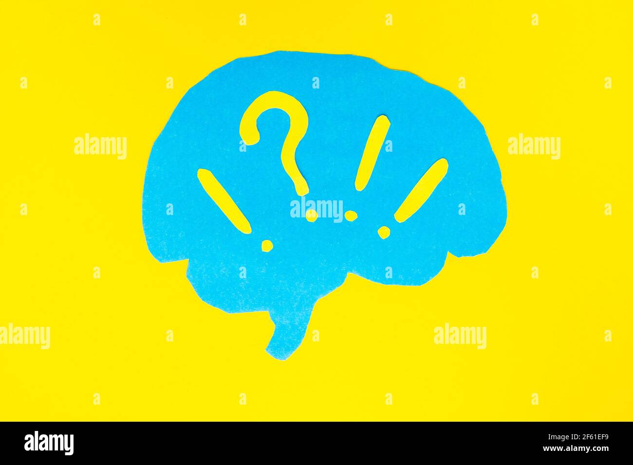 problem concept, blue brain layout with question and exclamation marks ...