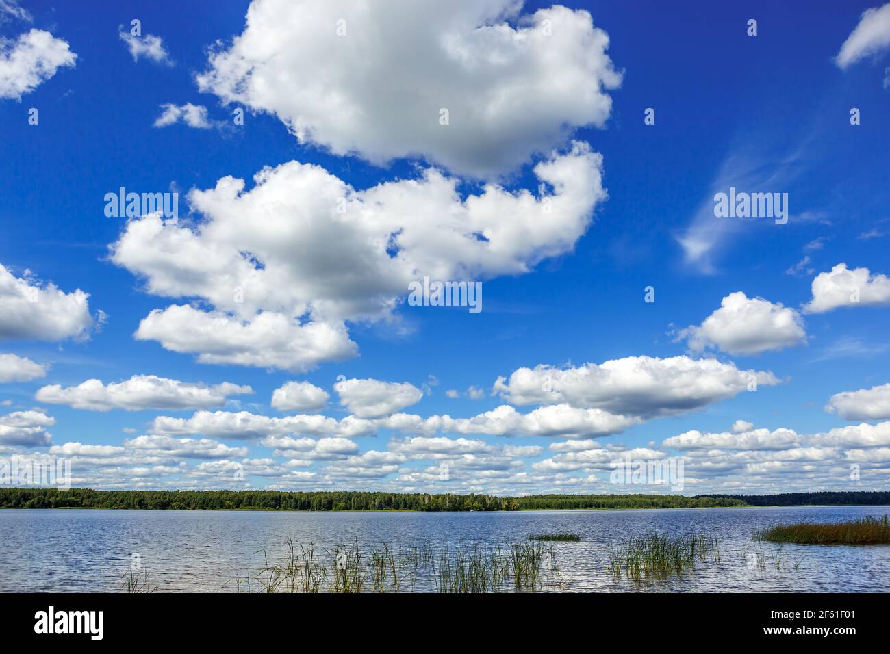 Large Cumulus clouds floating above the river. Clouds and blue sky ...