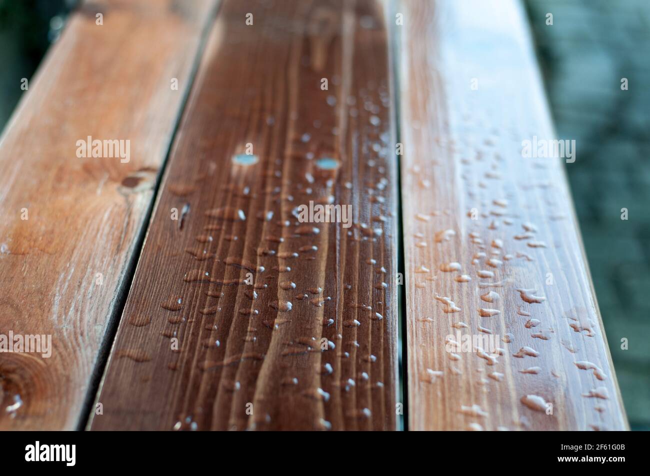 water drops on the lacquered planks of a garden bench after rain Stock ...