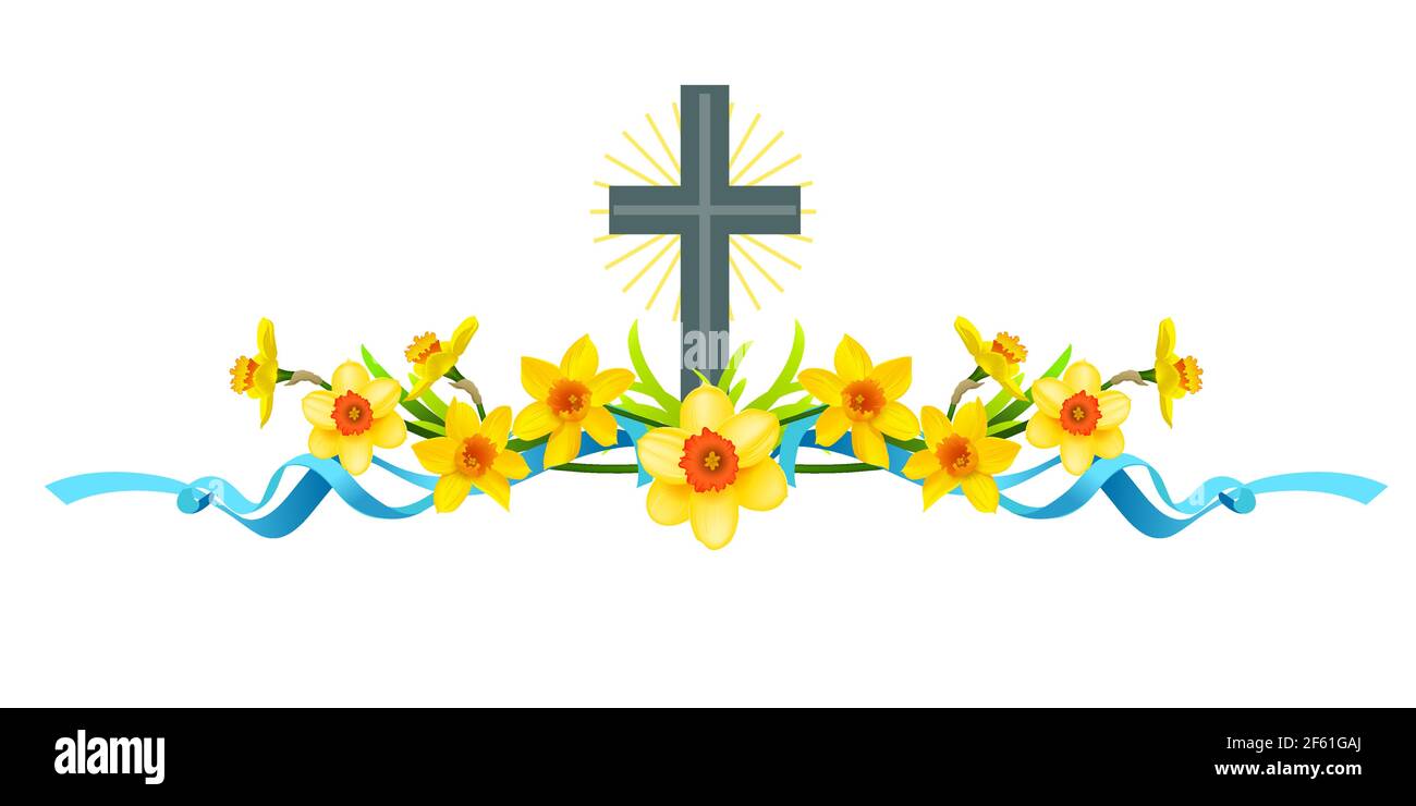 Spring holiday floral borders set with daffodils and cross. Design ...