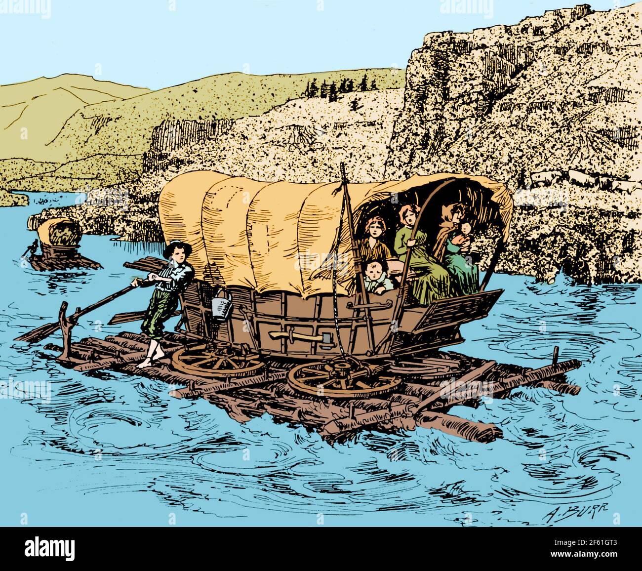 Pioneers with Wagon on Raft, Oregon Trail Stock Photo - Alamy