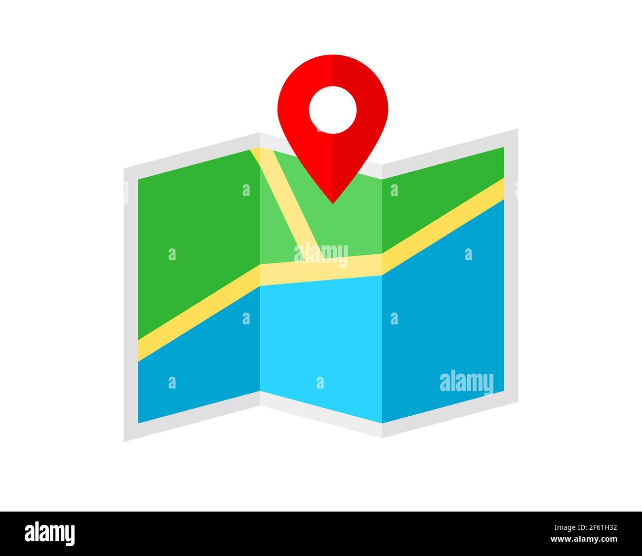Flat map color icon with map marker. Location symbol. Paper map with a ...