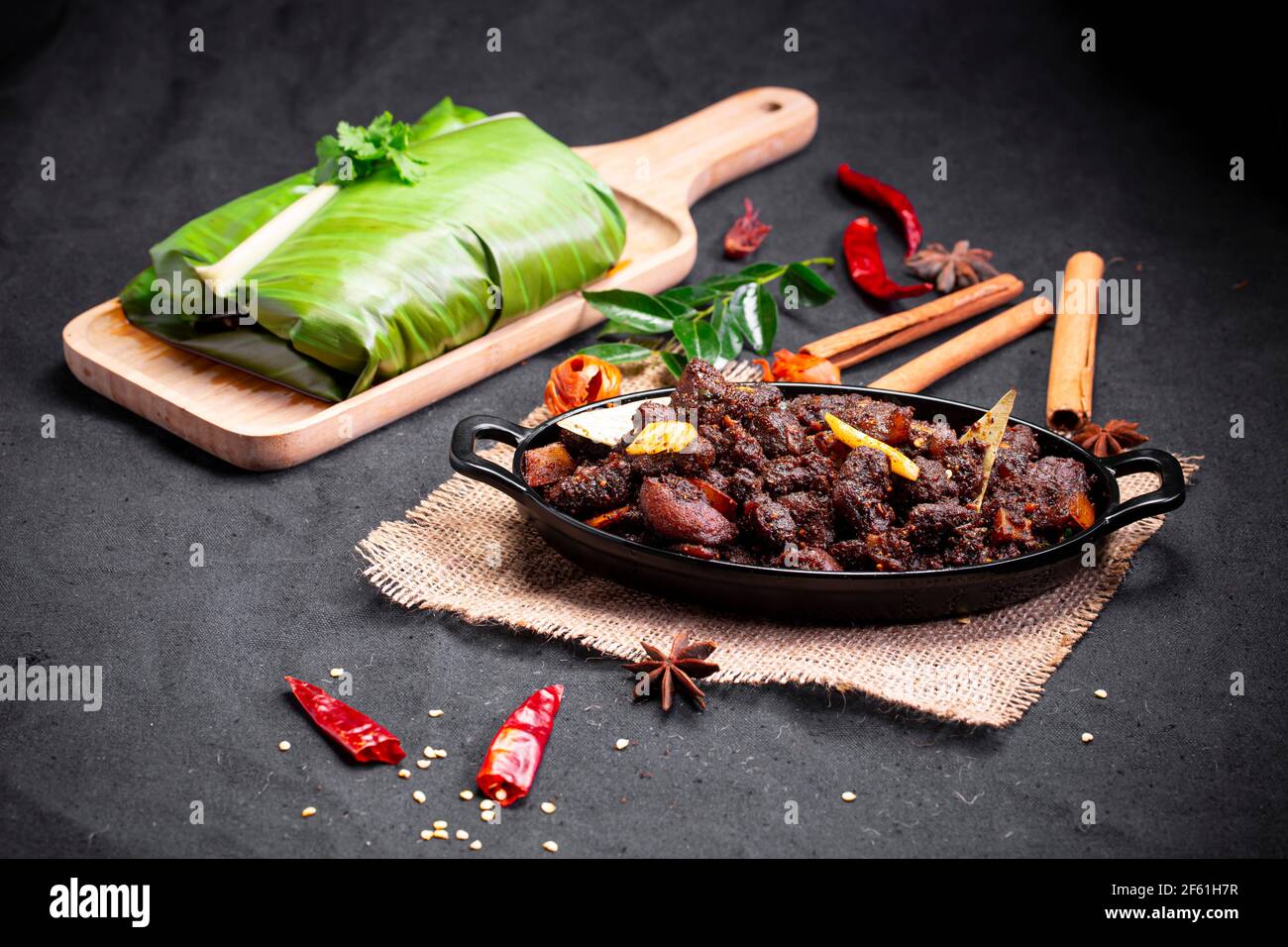 Beef roast or pothu ulartheyadu, kerala special dish arranged in an ...