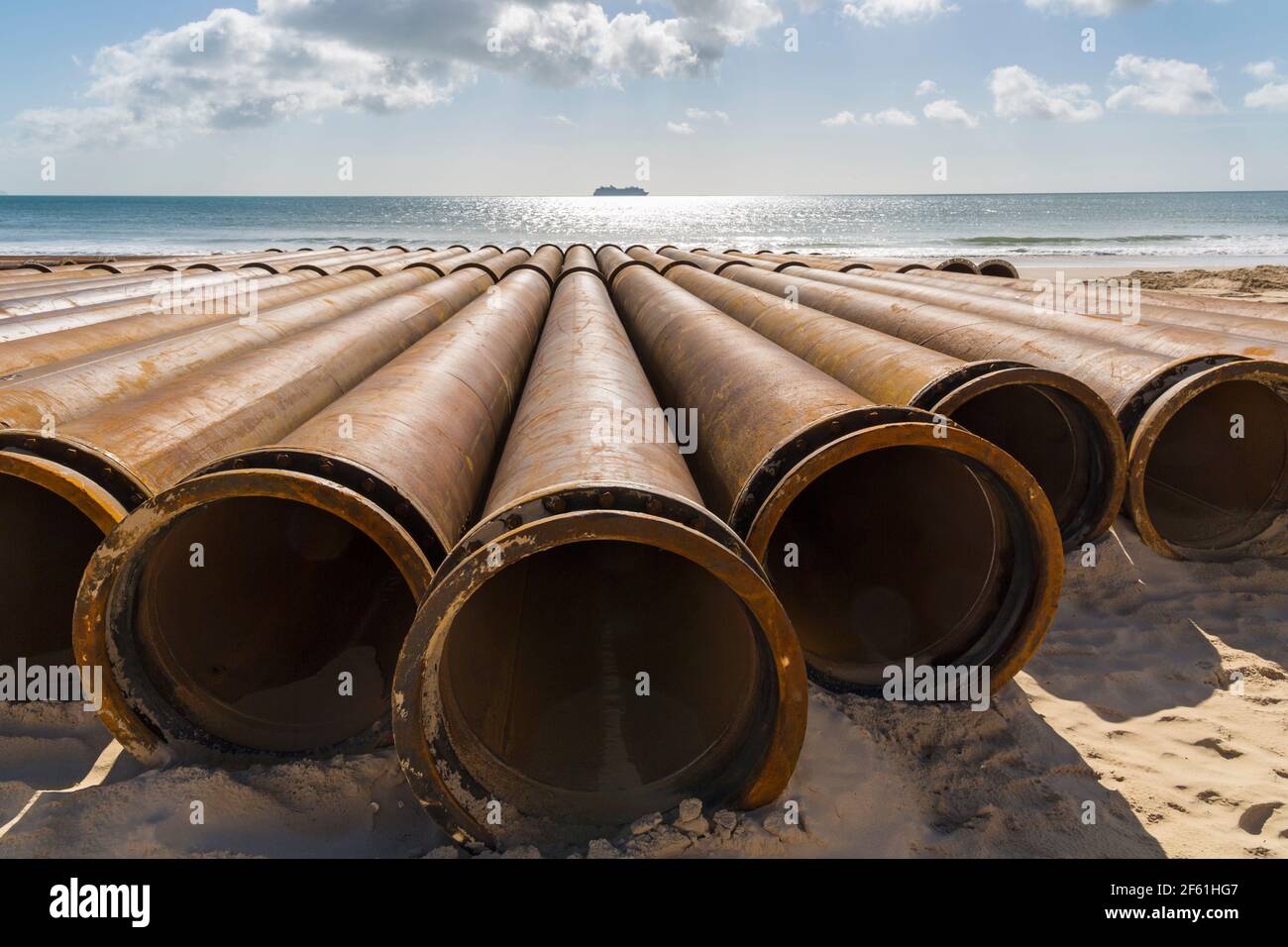 Big pipes on the beach for beach replenishment work at Bournemouth and ...