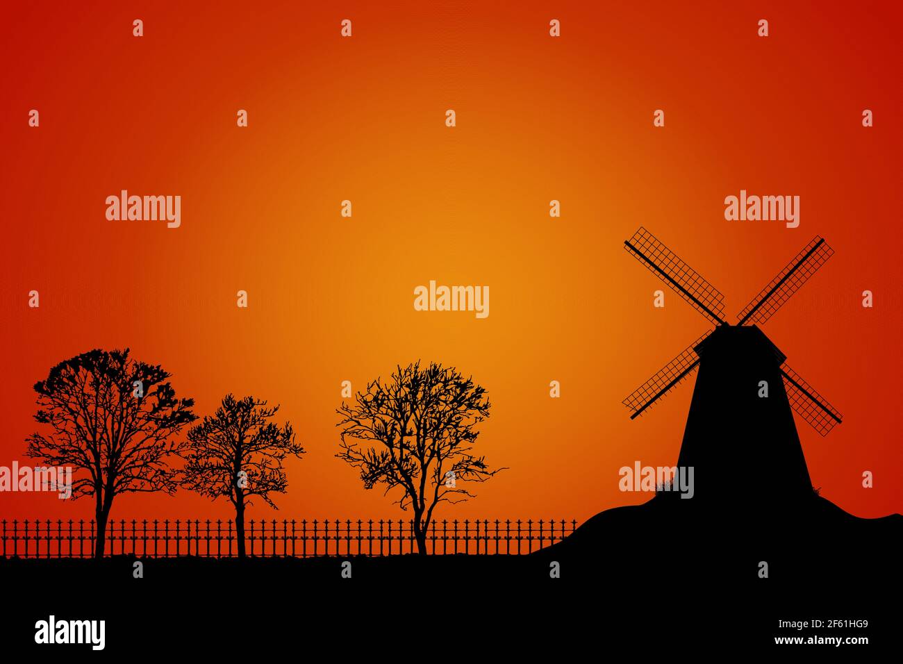 Landscape with windmill, trees and fence silhouette on orange sky ...