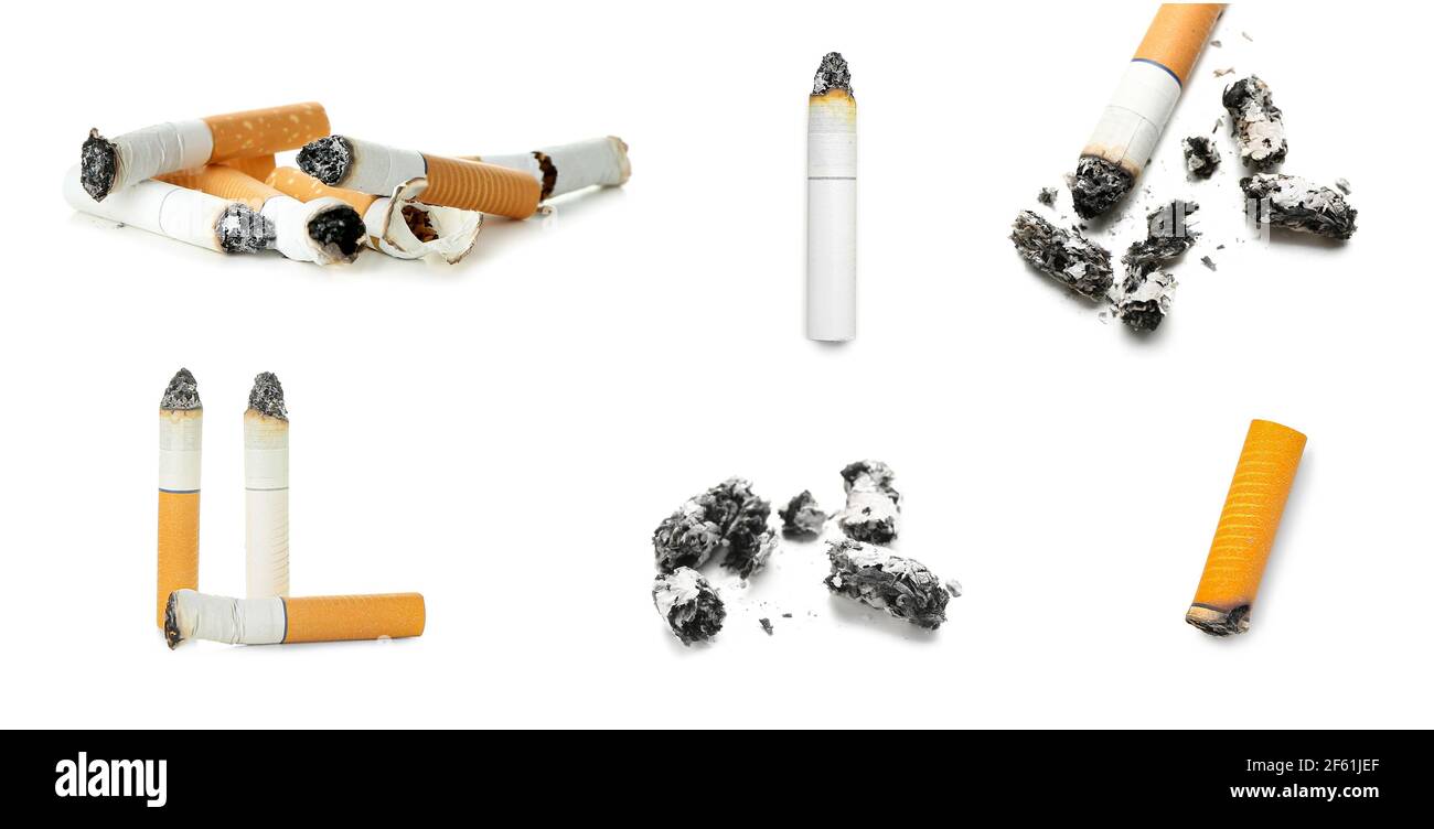 Collage of cigarette stubs on white background Stock Photo - Alamy