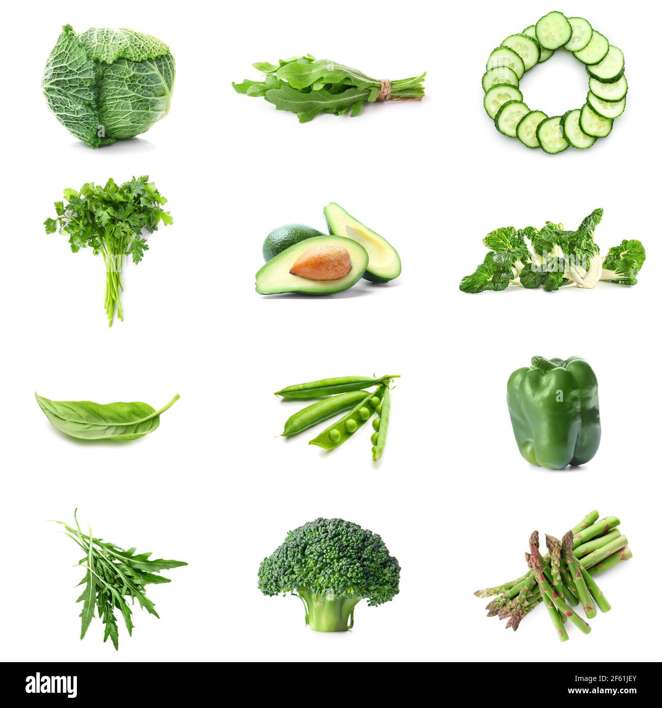 Collage of green vegetables on white background Stock Photo - Alamy