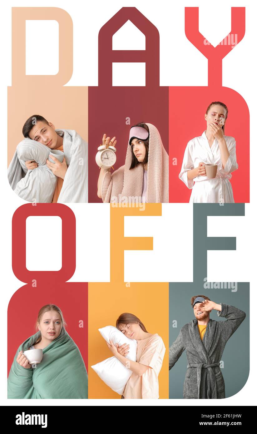 Collage of sleepy young people and text DAY OFF Stock Photo - Alamy