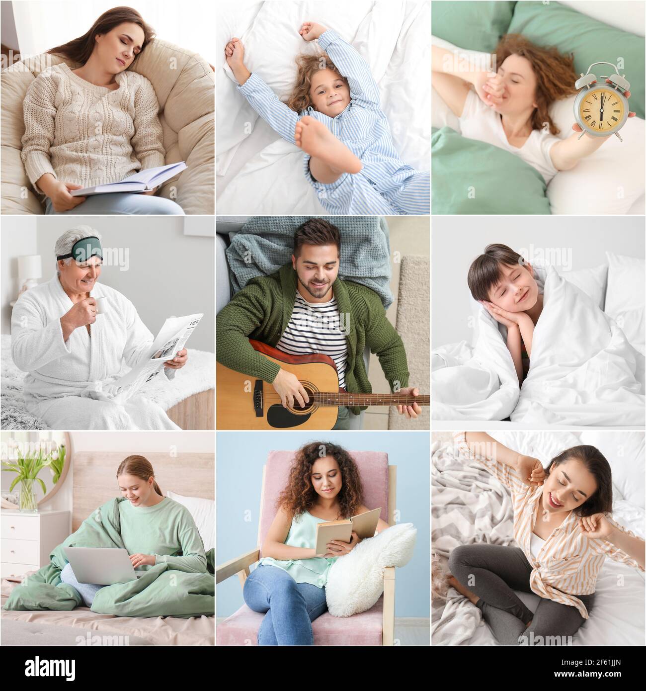Collage of happy people resting at home. Concept of day off Stock Photo ...