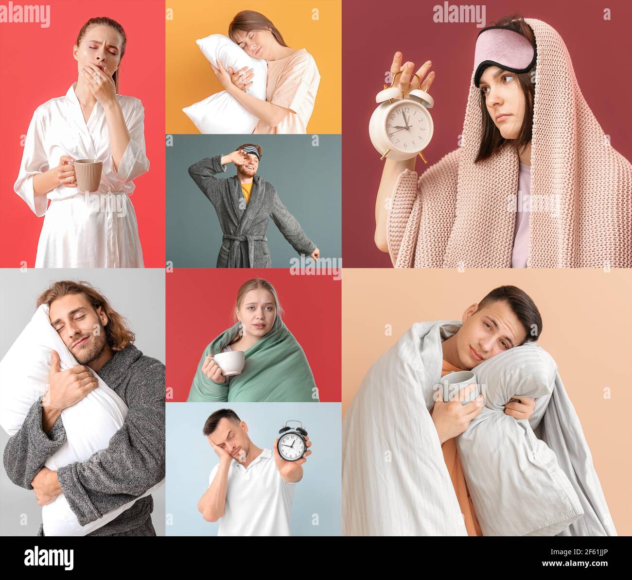 Collage of sleepy young people on color background. Concept of day off ...