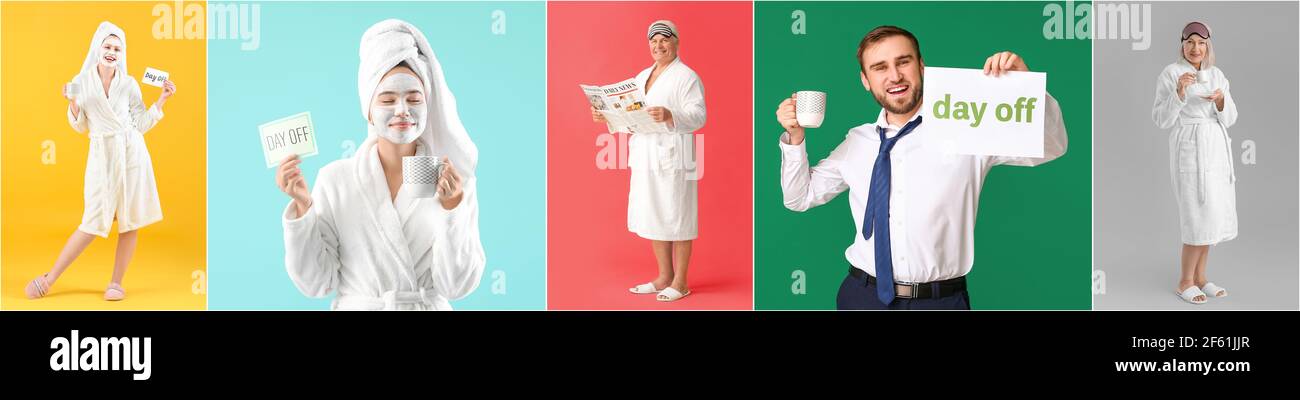 Collage of happy people. Concept of day off Stock Photo - Alamy