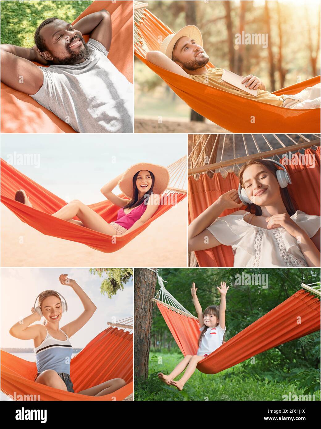Collage of happy people relaxing in hammock outdoors. Concept of day ...