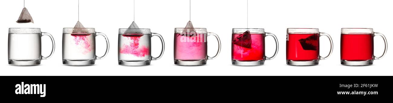 Process of making tea in glass cup on white background Stock Photo - Alamy