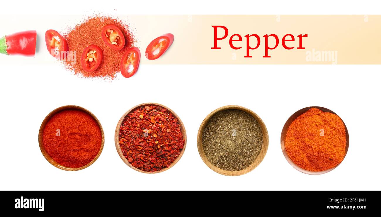 Bowls of tasty spices with word PEPPER on white background Stock Photo ...