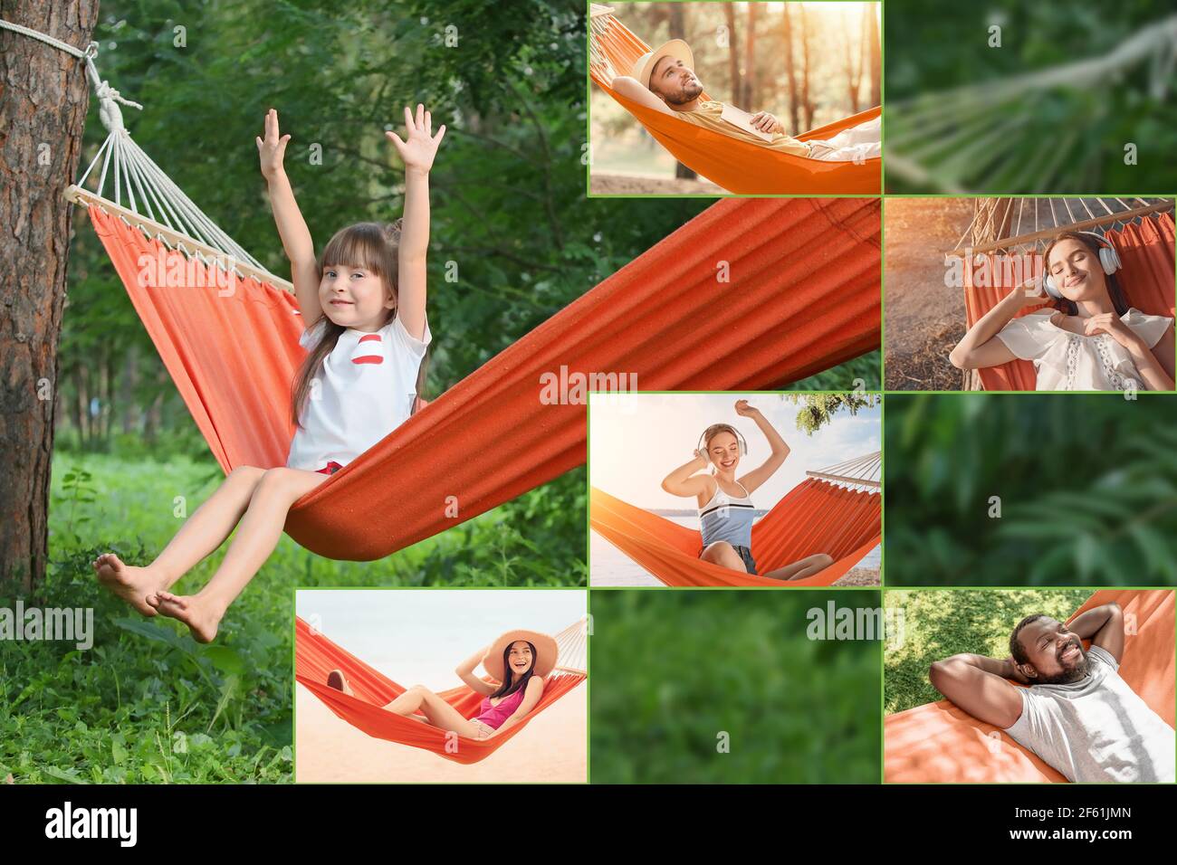 Collage of happy people relaxing in hammock outdoors. Concept of day ...