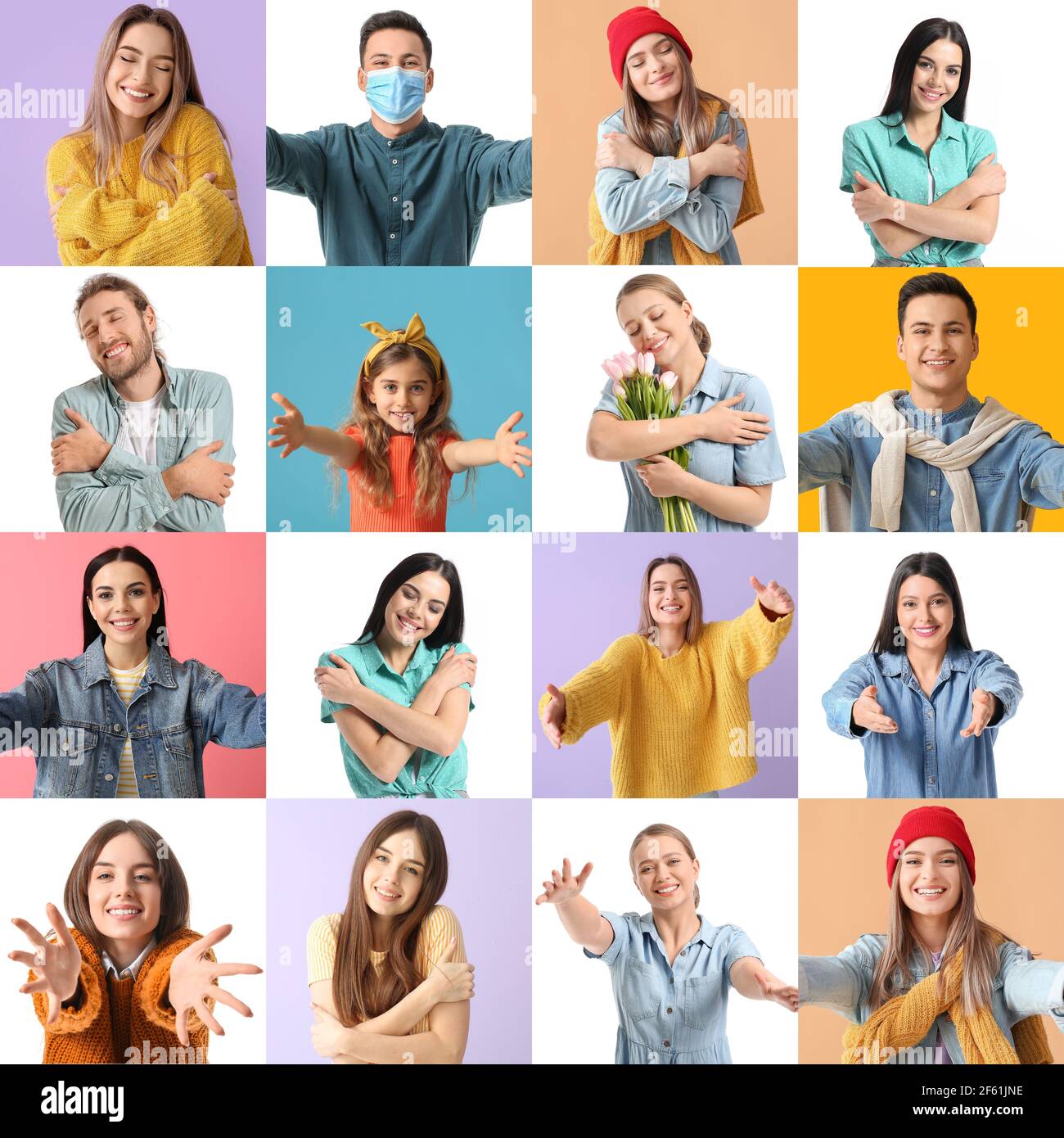 Collage of happy people embracing themselves and opening arms for hug ...