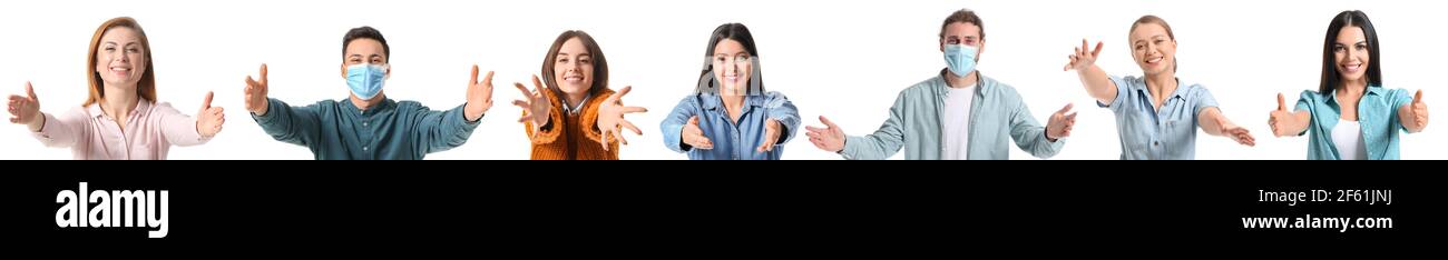 Young people opening arms for hug on white background Stock Photo - Alamy