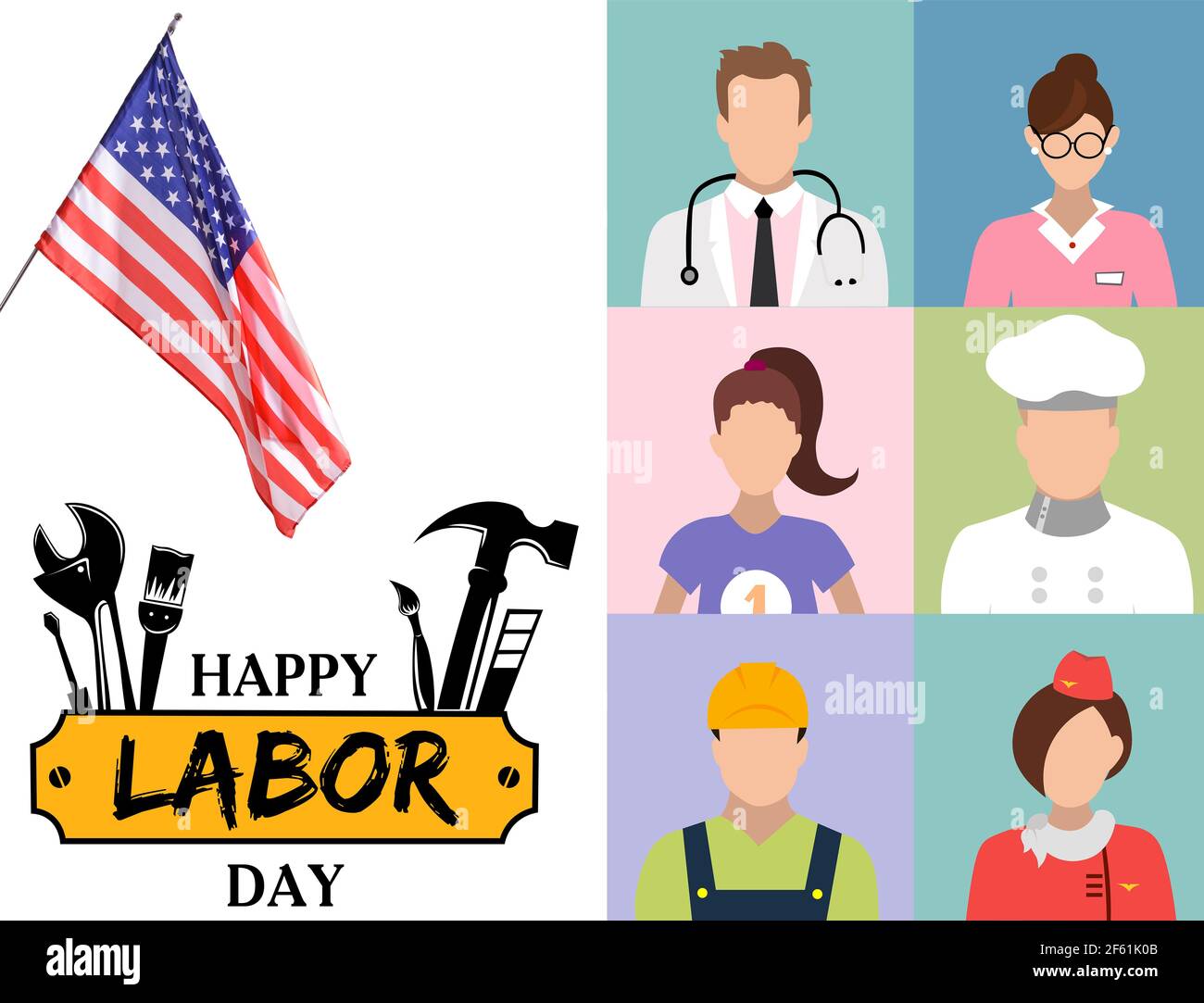 Drawn people of different professions with USA flag and text HAPPY ...