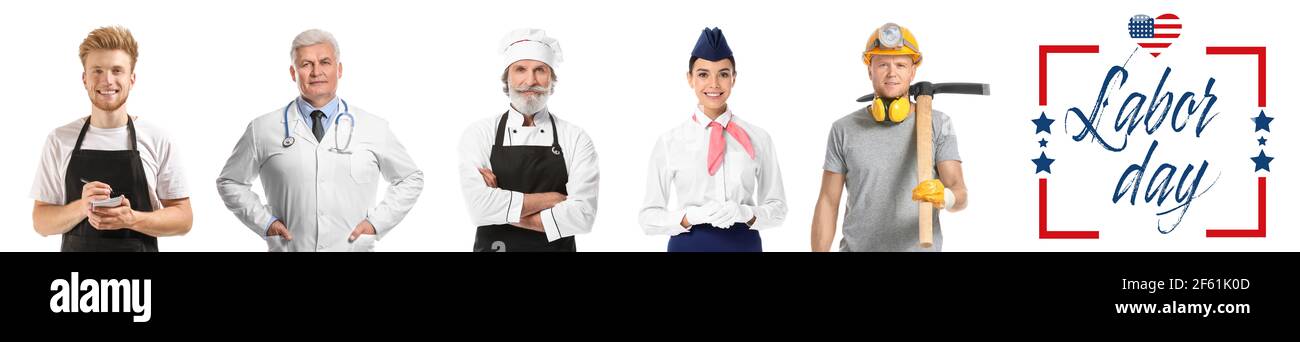 People of different professions and text LABOR DAY on white background ...