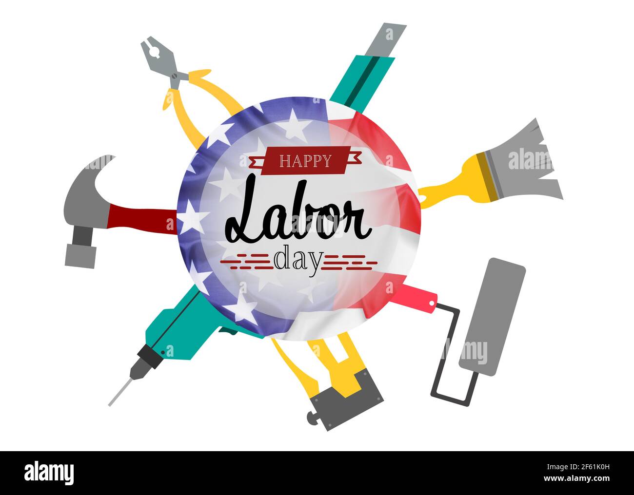 Drawn tools with text HAPPY LABOR DAY and USA flag on white background ...