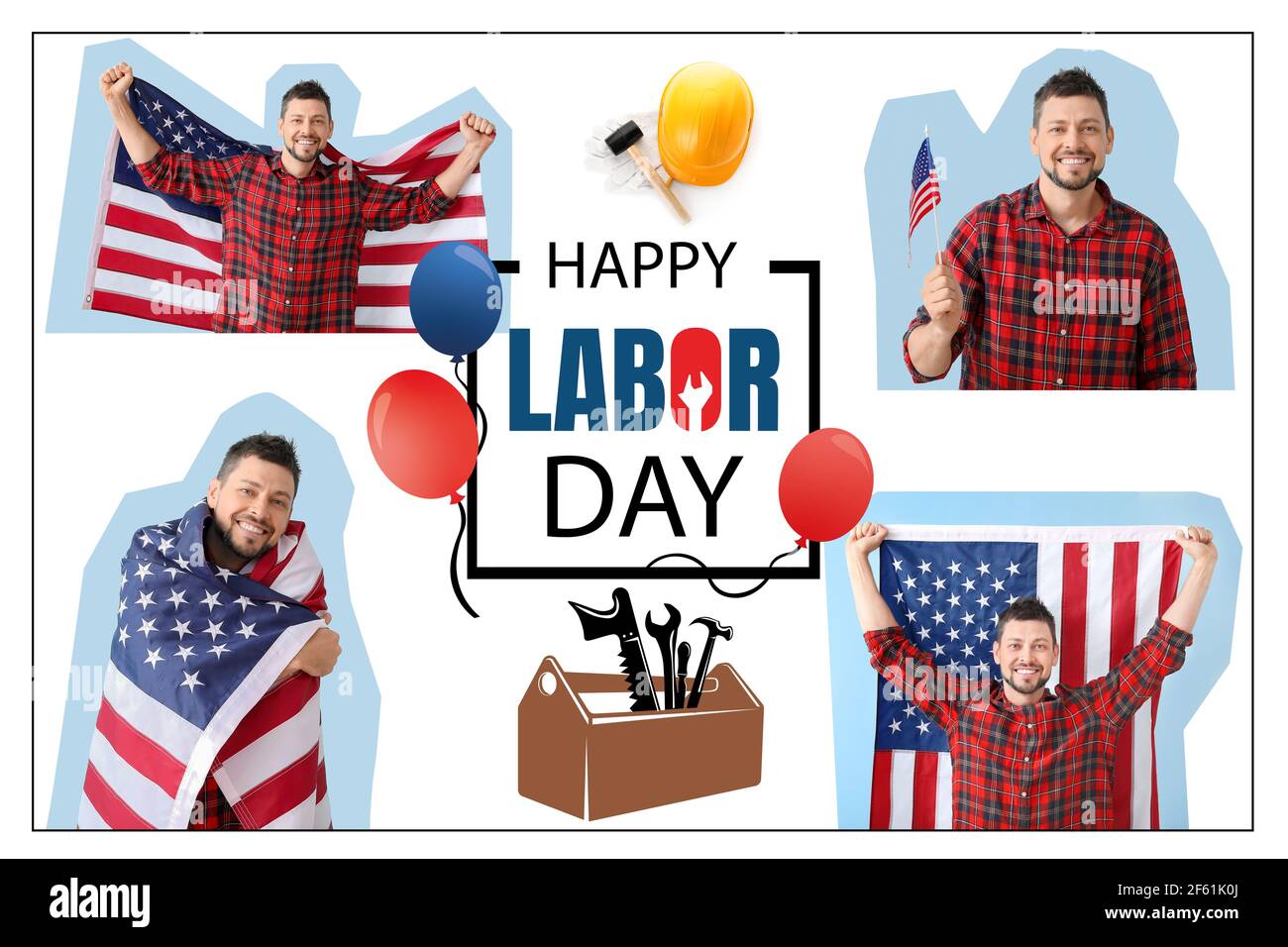 Collage of handsome man with USA flag and text HAPPY LABOR DAY on white ...