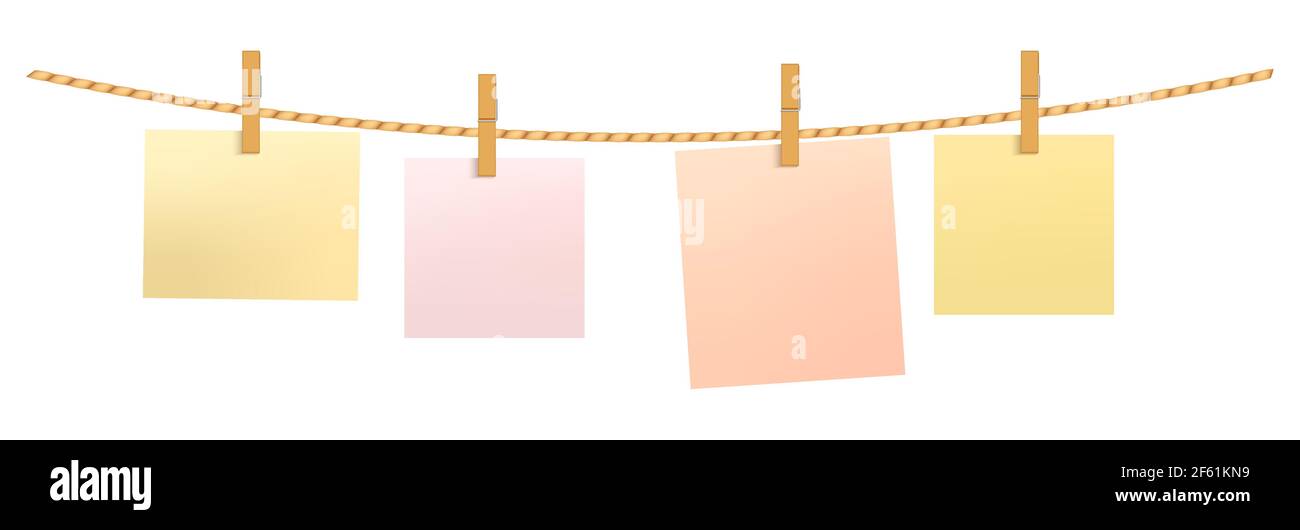 Paper notes hanging on a rope with clothespins. Realistic vector ...