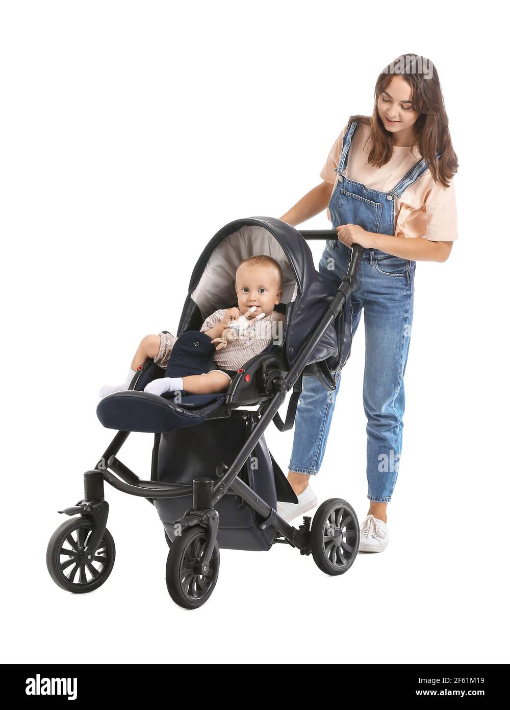 Woman and her cute baby in stroller on white background Stock Photo - Alamy