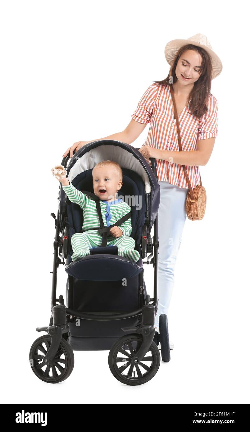 Woman and her cute baby in stroller on white background Stock Photo - Alamy
