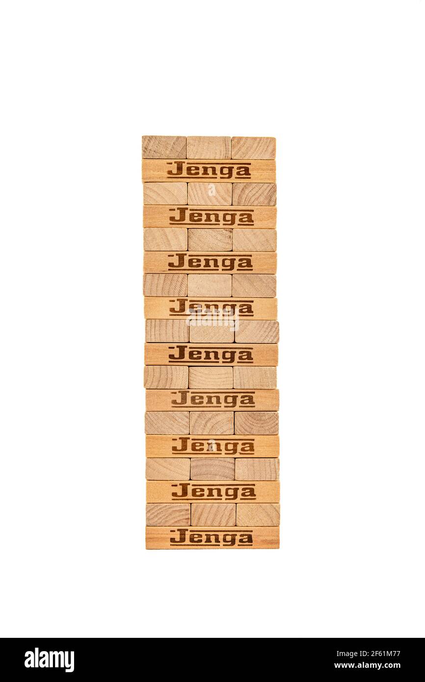 Jenga Tower at the start of the game on a white background Stock Photo ...
