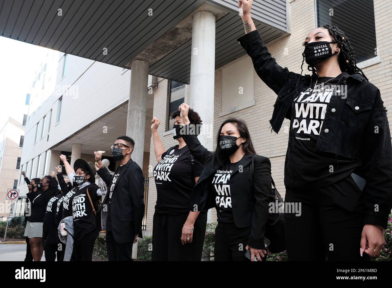 Atlanta, Georgia, USA. 29th Mar, 2021. A group of demonstrators stage a ...