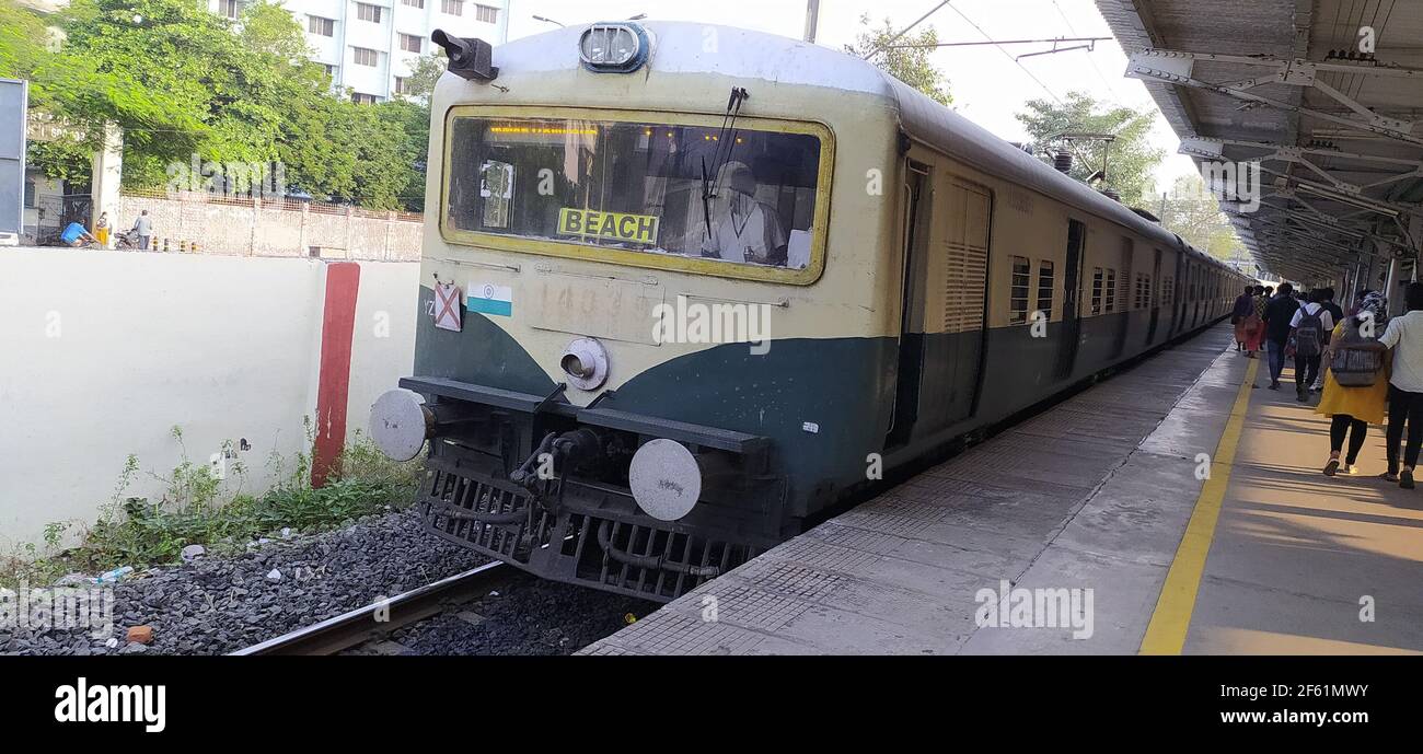 Suburban local train on the fort railway station. City metro vendors ...