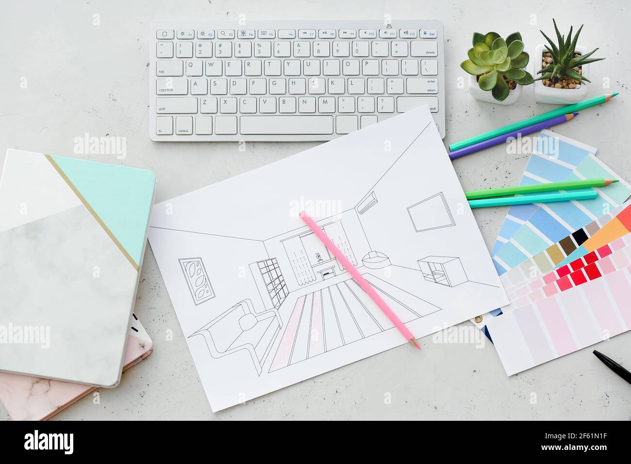 House plan and color palettes on light background Stock Photo - Alamy