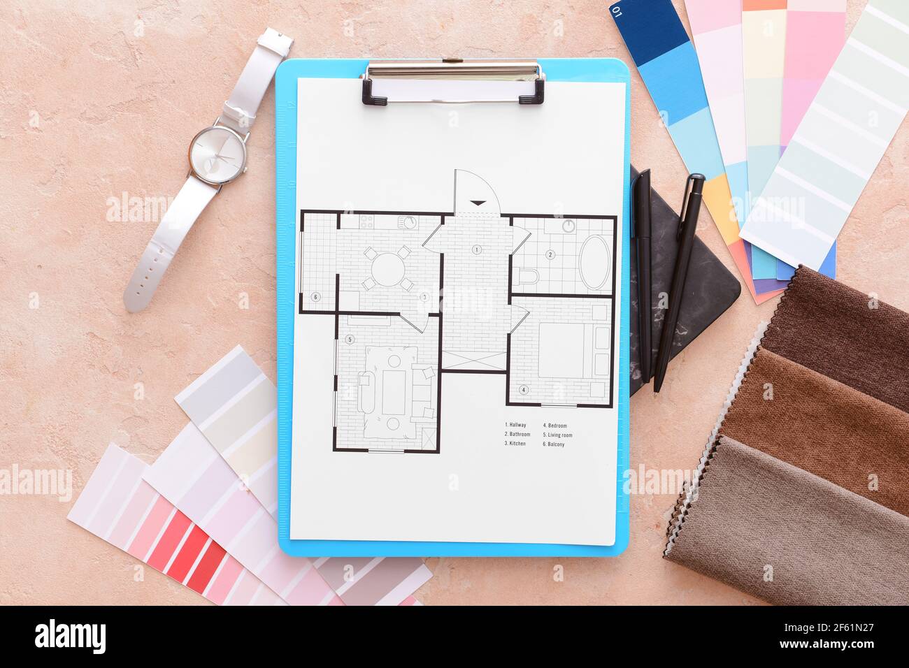 House plan, color palettes and fabric samples on color background Stock ...