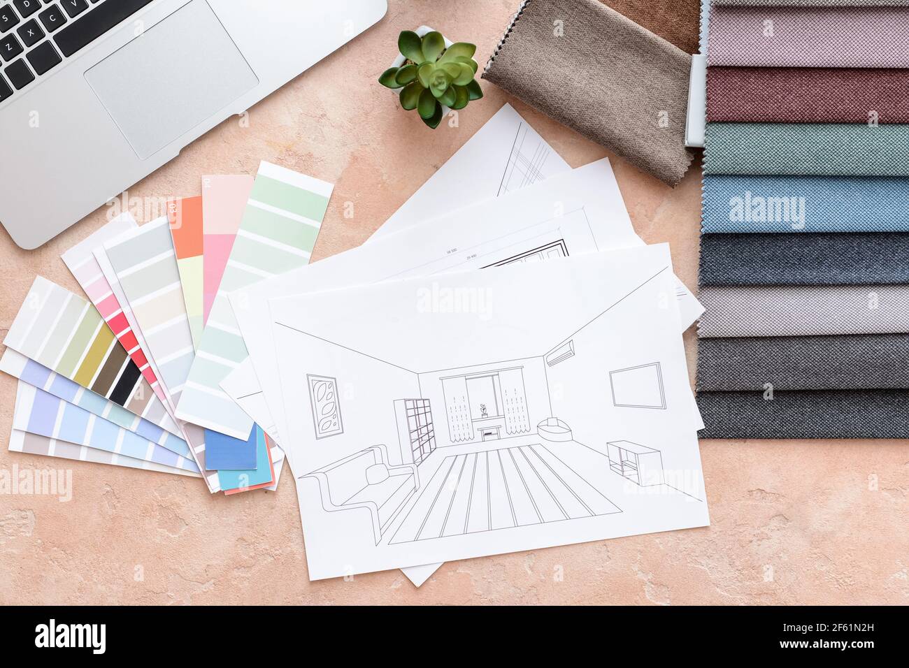 House plans, color palettes and fabric samples on color background ...