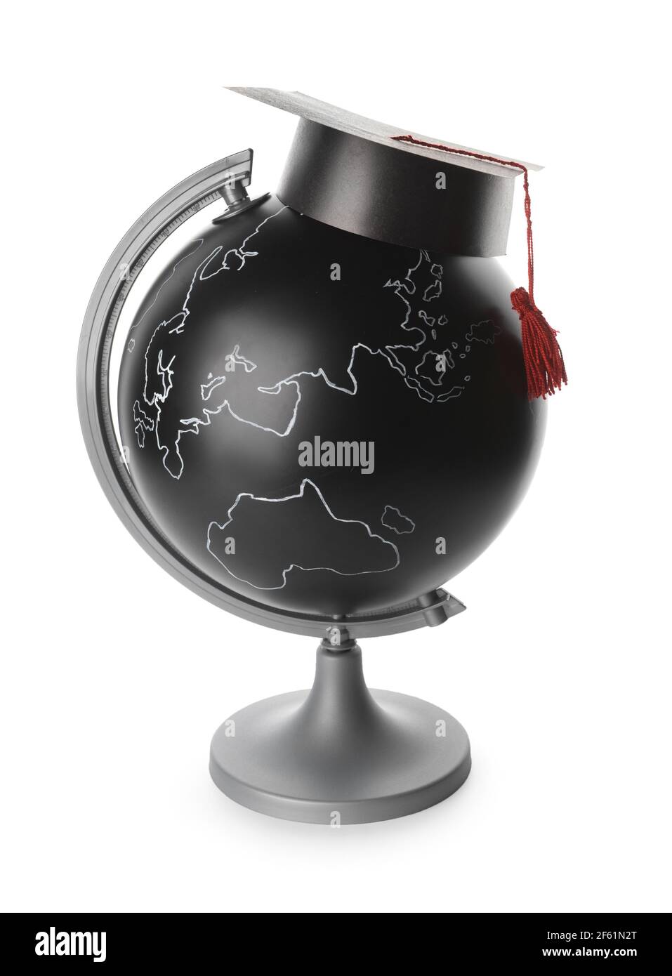 Stylish globe and graduation hat on white background Stock Photo - Alamy